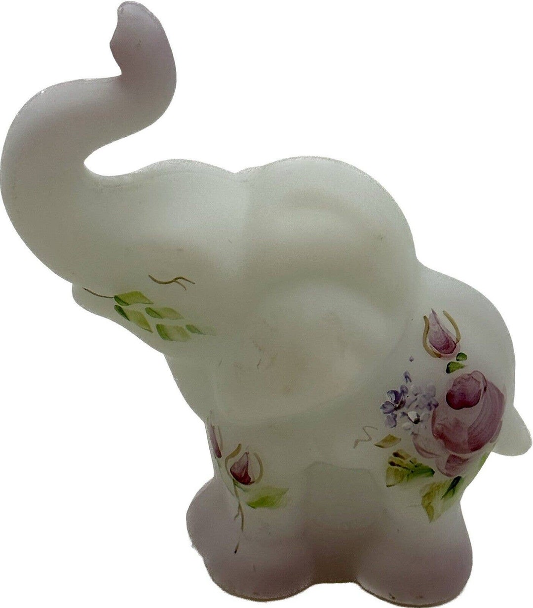 FENTON Elephant Satin Art Glass Pam Fleak Hand Painted Floral - Etsy