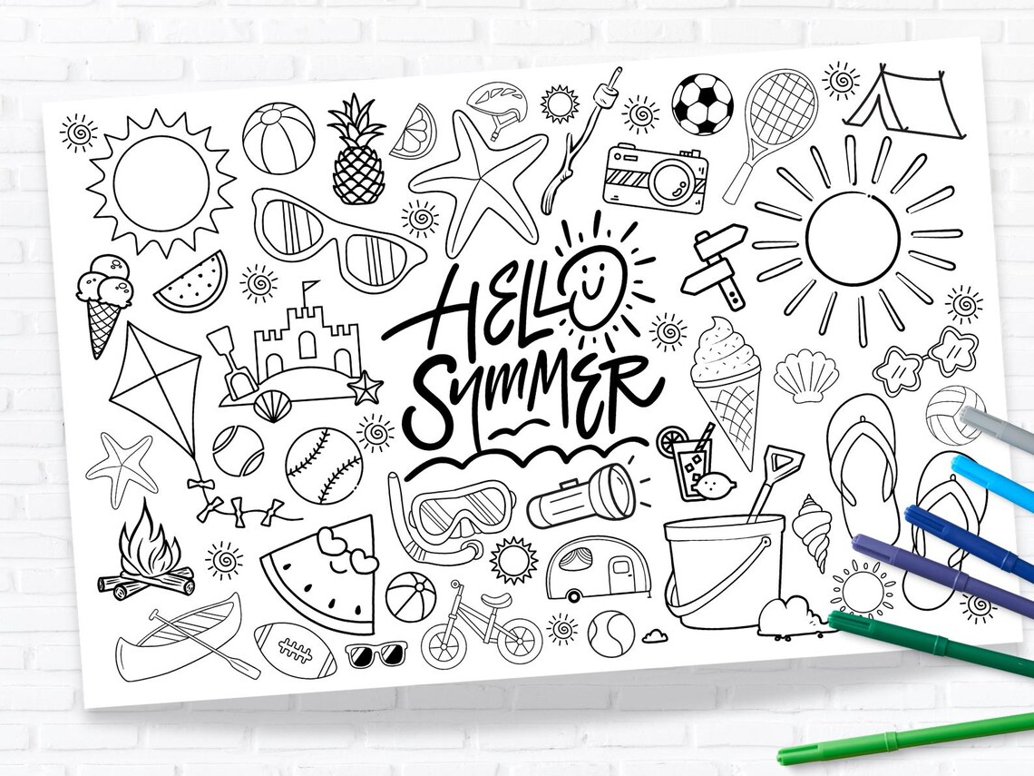 June Summer Fun Coloring Placemat - Printable Kids Activity Page for ...