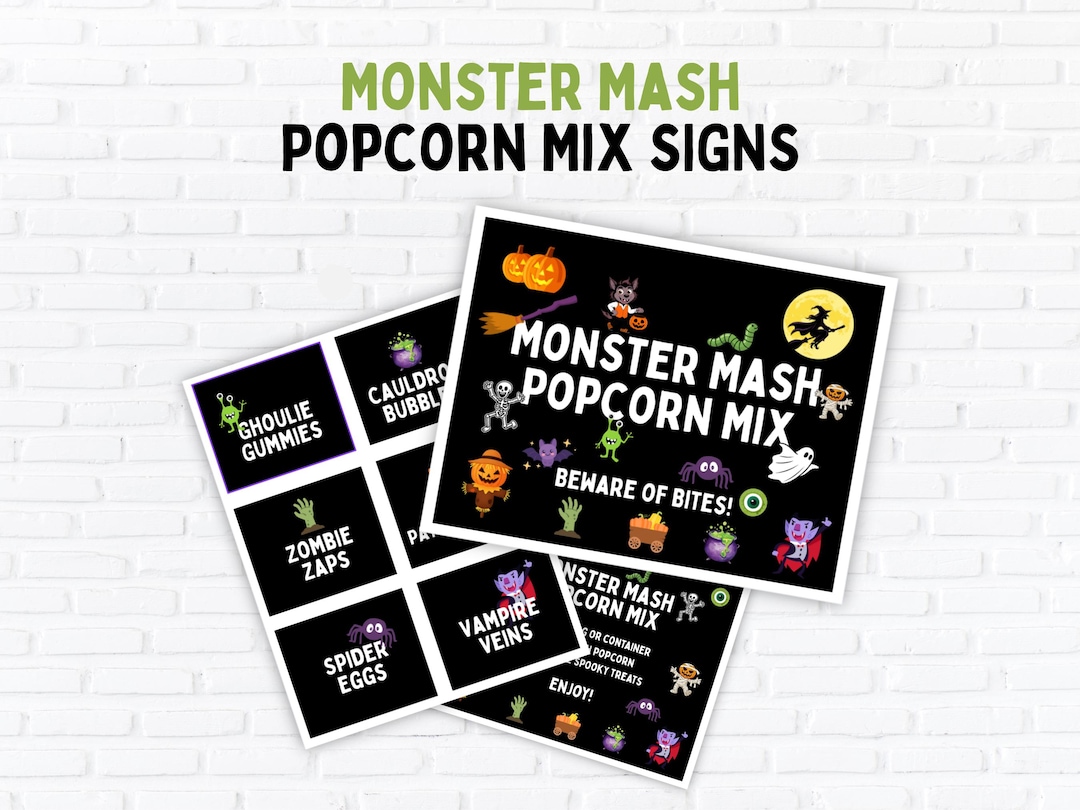 Monster Mash Popcorn Mix Treat Printable Signs, Halloween Classroom ...