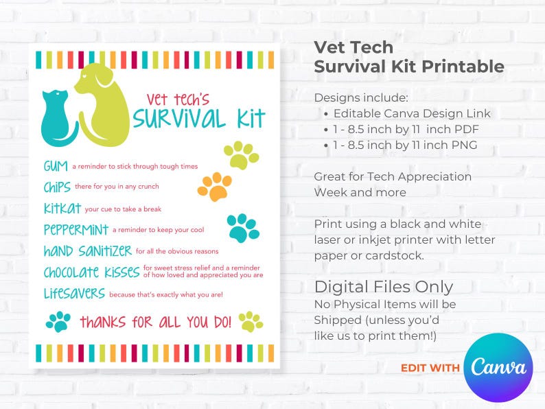 Vet Tech Survival Kit Printable: Customizable Gift (digital Download ...