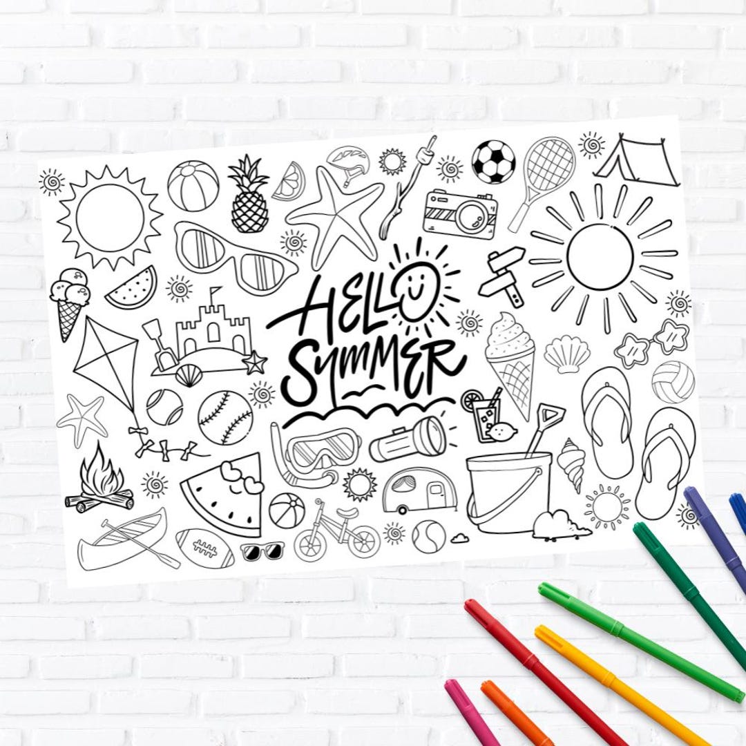 June Summer Fun Coloring Placemat - Printable Kids Activity Page for ...