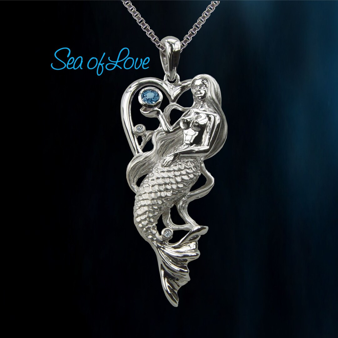 Beautiful Mermaid Necklace With Genuine Diamonds, Ocean Blue Topaz ...