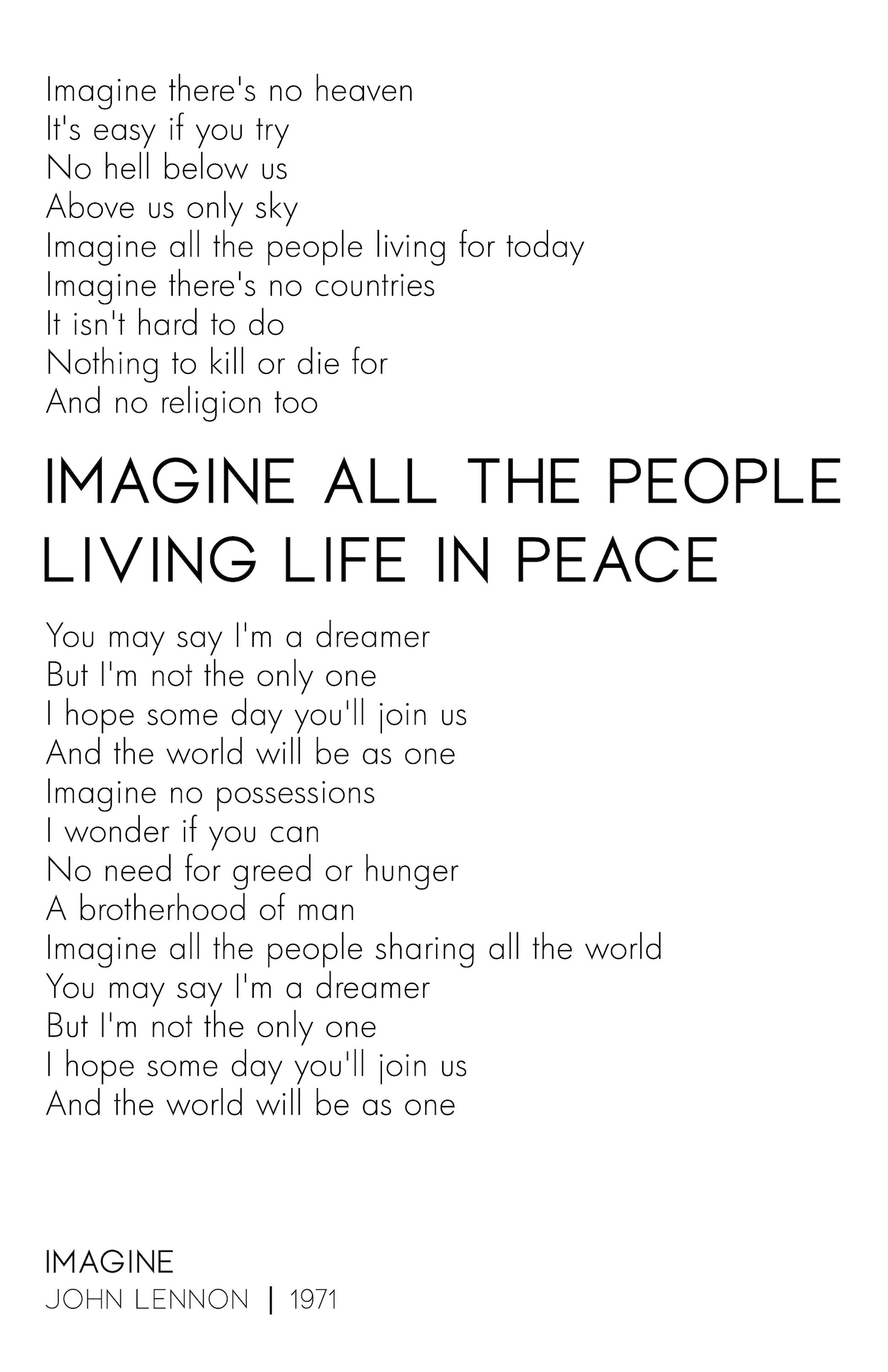 IMAGINE Wall Print JOHN LENNON Poster the Beatles Lyrics Wall Art ...