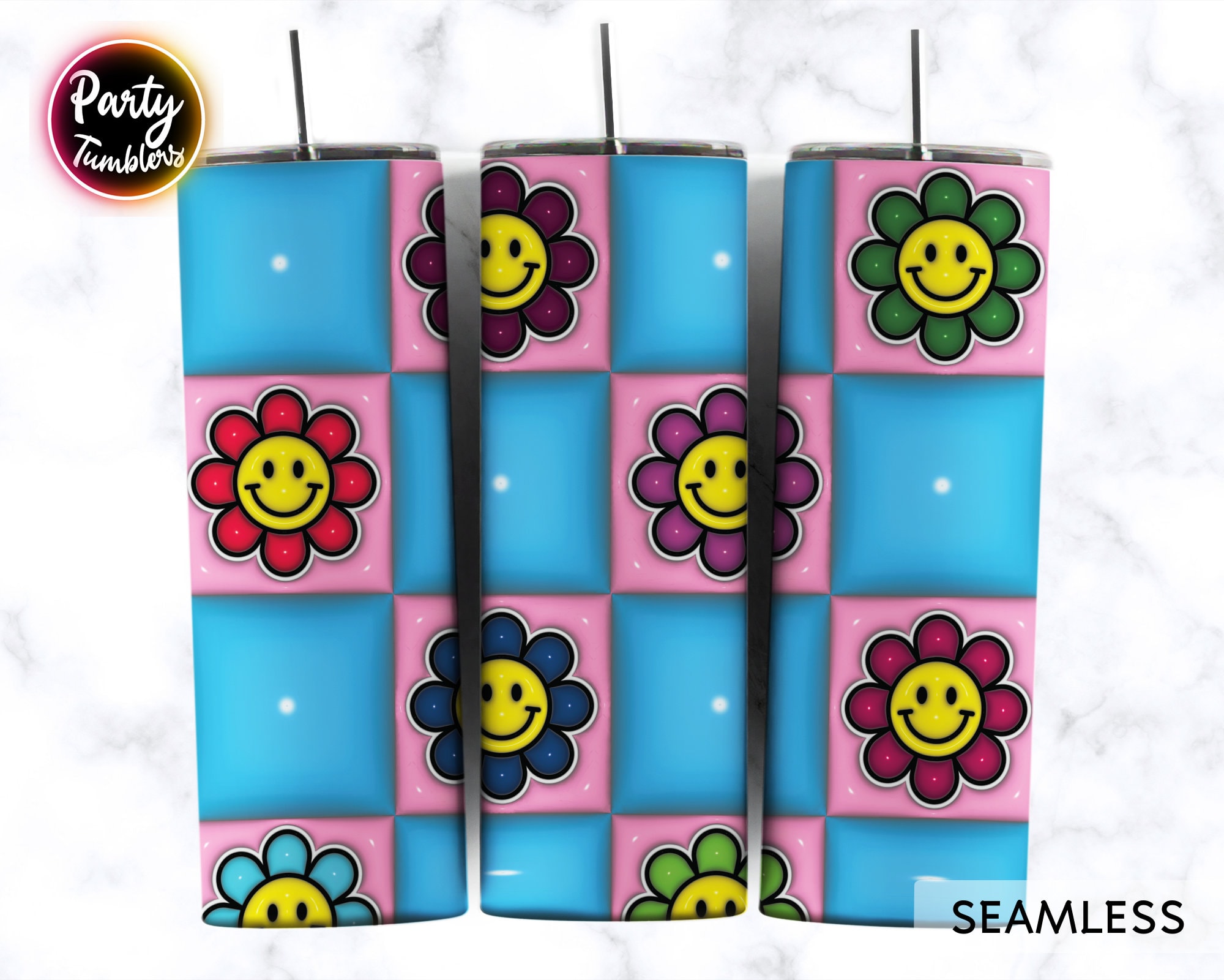 3D Inflated Retro Daisy Tumbler Wrap Png, Puffy Retro Flowers Tumbler ...