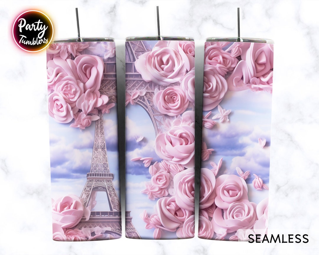 3D Eiffel Tower Pink Roses 20 Oz Skinny Tumbler Sublimation Design ...