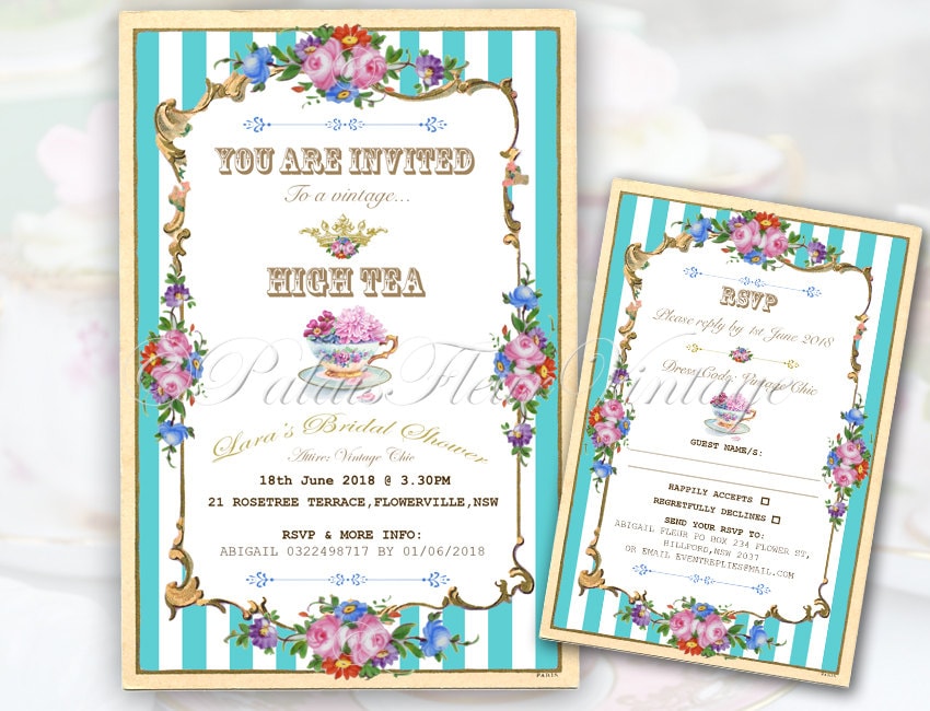 Custom Digital Vintage Chic Invitations Invites Aqua or Black & White ...