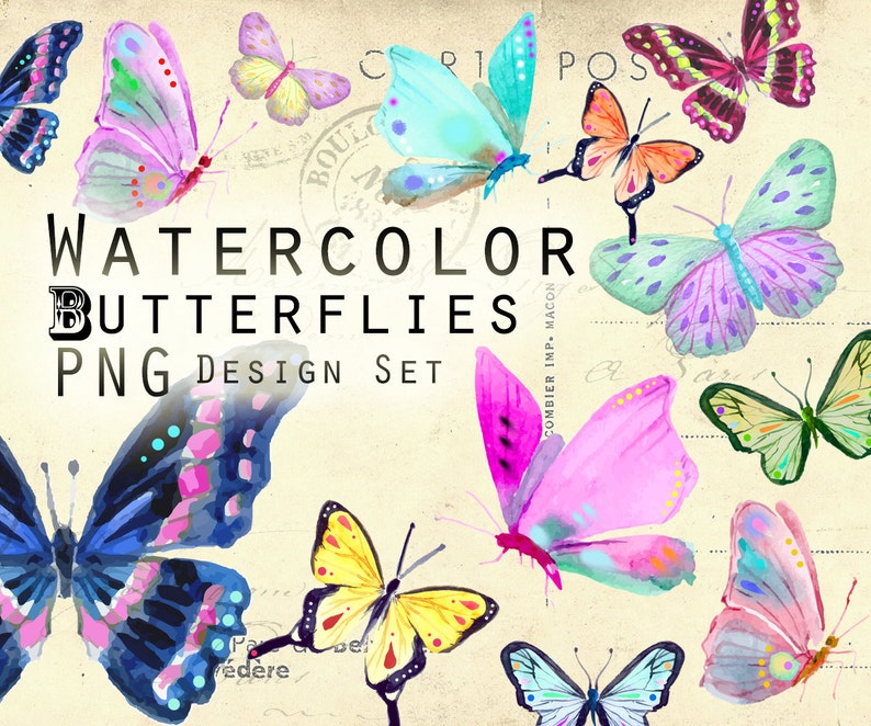 Floral Clip Art Hand Painted Watercolor Clip Art, Rainbow Butterflies ...