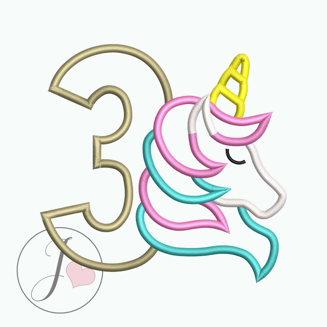 Unicorn Applique Design, Birthday Applique Design, Third Birthday ...