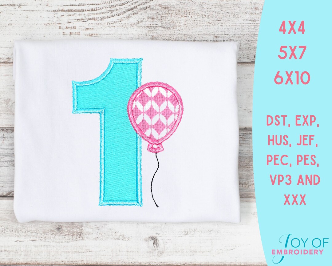 First Birthday Baby Embroidery Design, Balloon Number 1 Applique Design ...
