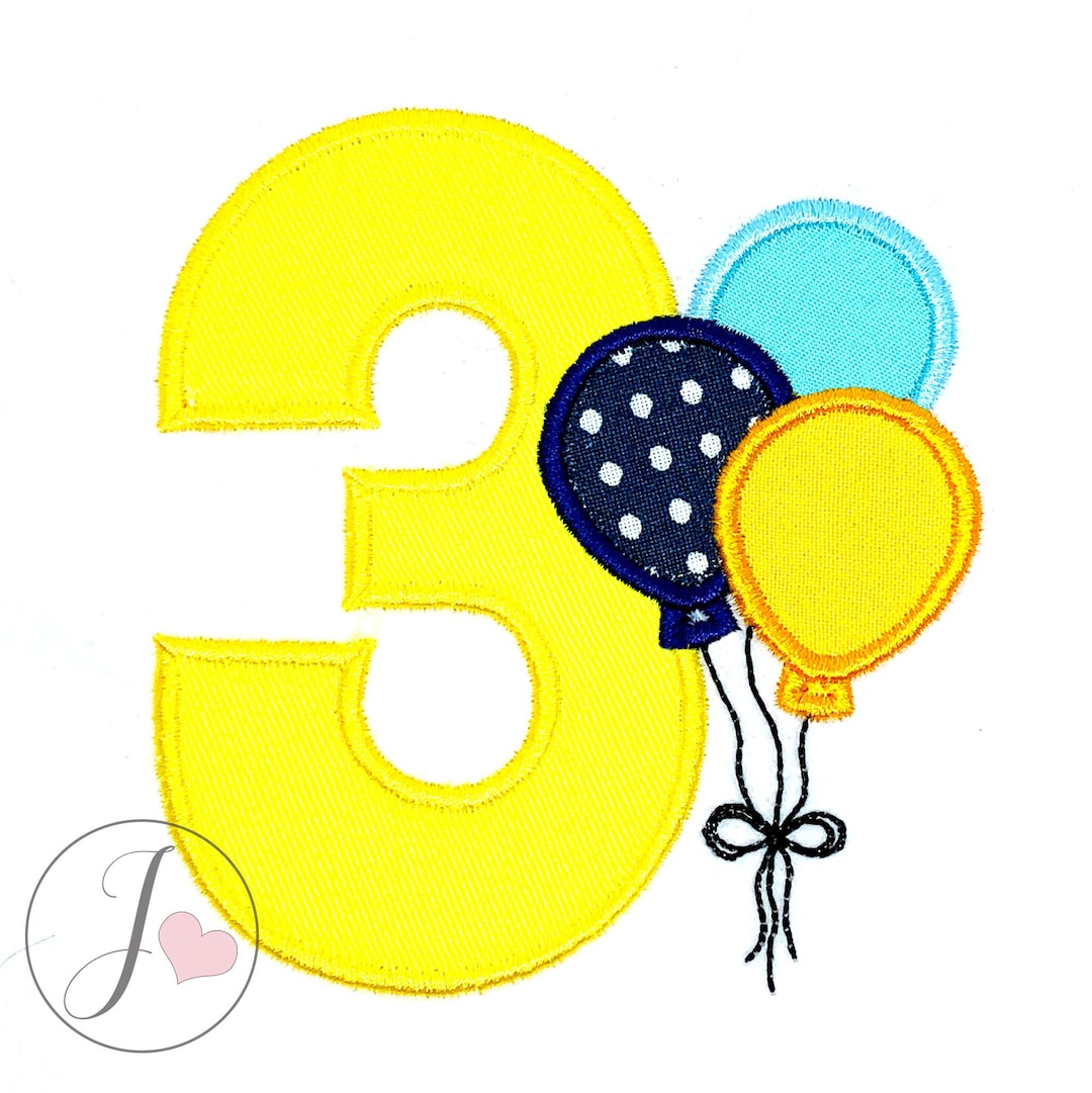 Balloon Number 3 Applique Design, Birthday Applique Design, Machine ...