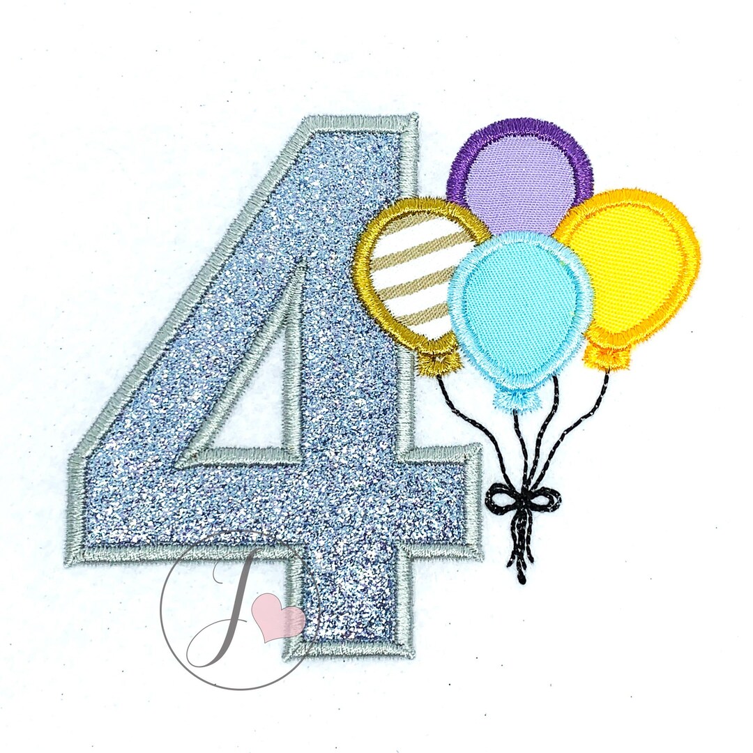 Balloon Number 4 Applique Design, Birthday Applique Design, Machine ...