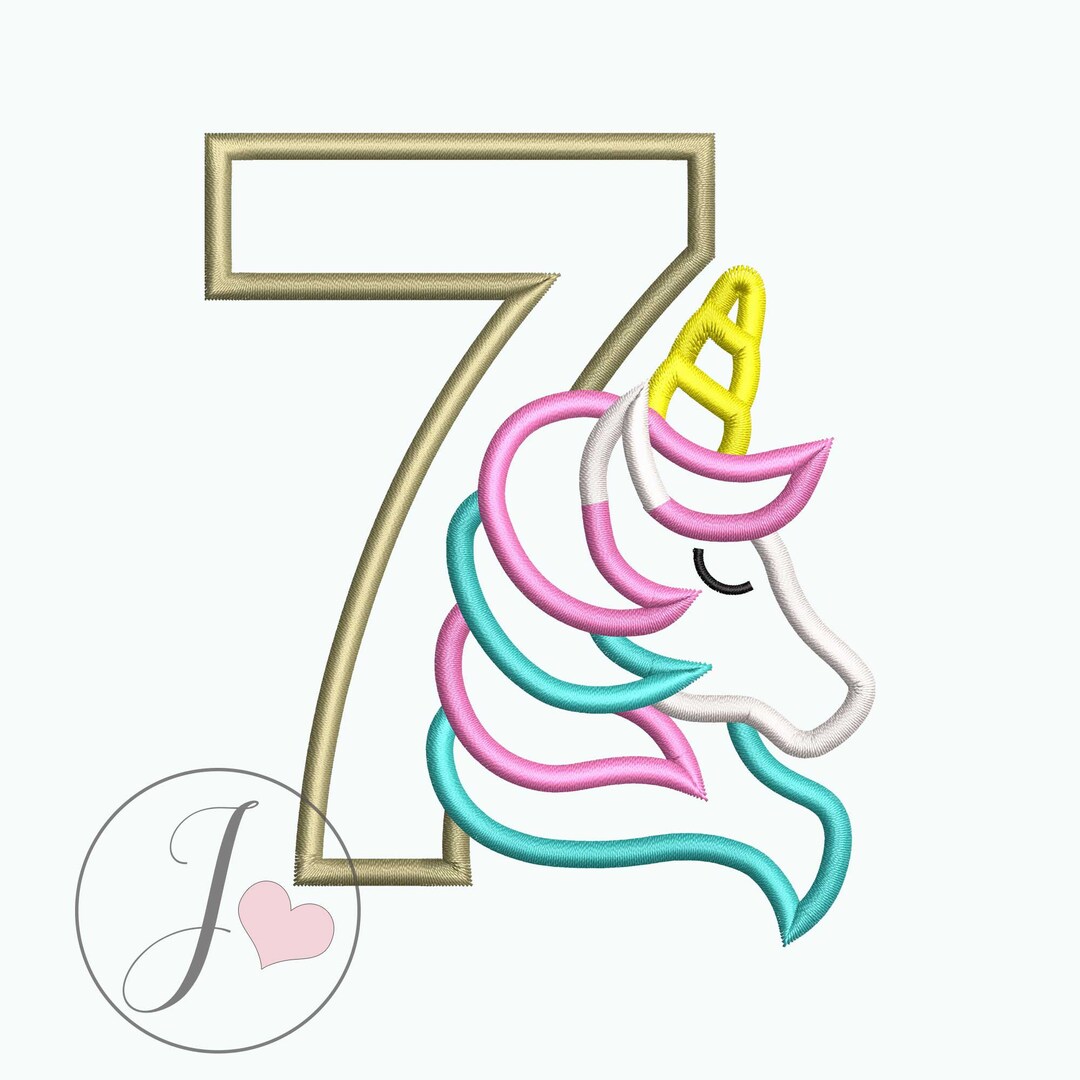 Unicorn Seventh Birthday Applique Design, Unicorn Number 7 Embroidery ...