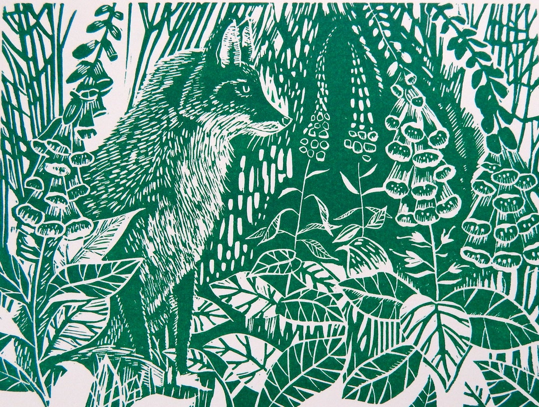 Foxgloves FOREST GREEN VERSION Linocut - Original Handcarved Handmade ...