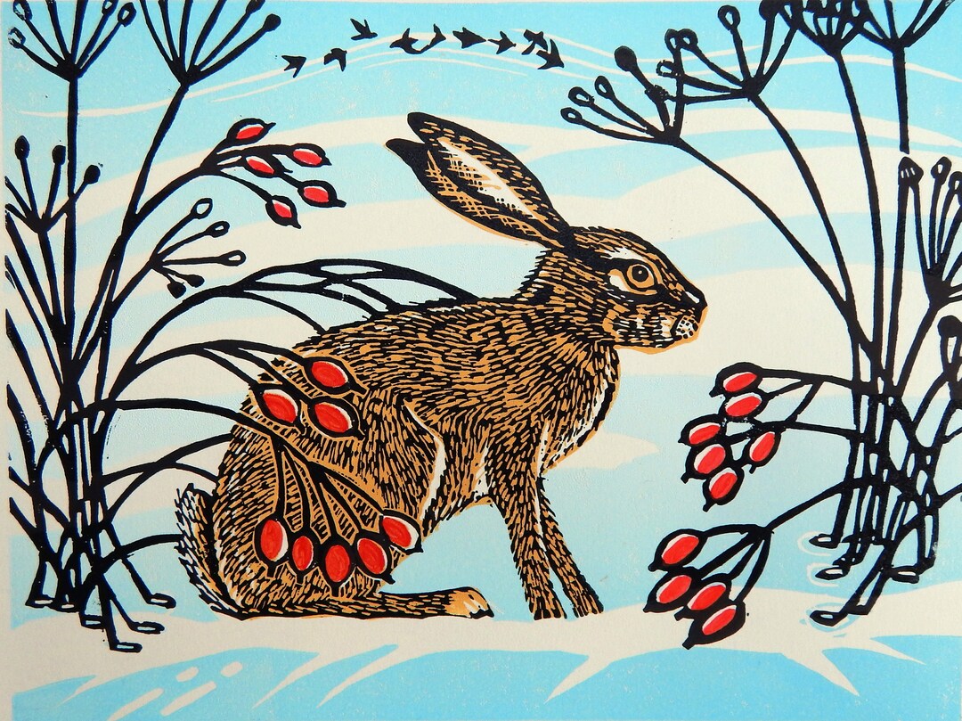Winter Hare Lino Print - Etsy