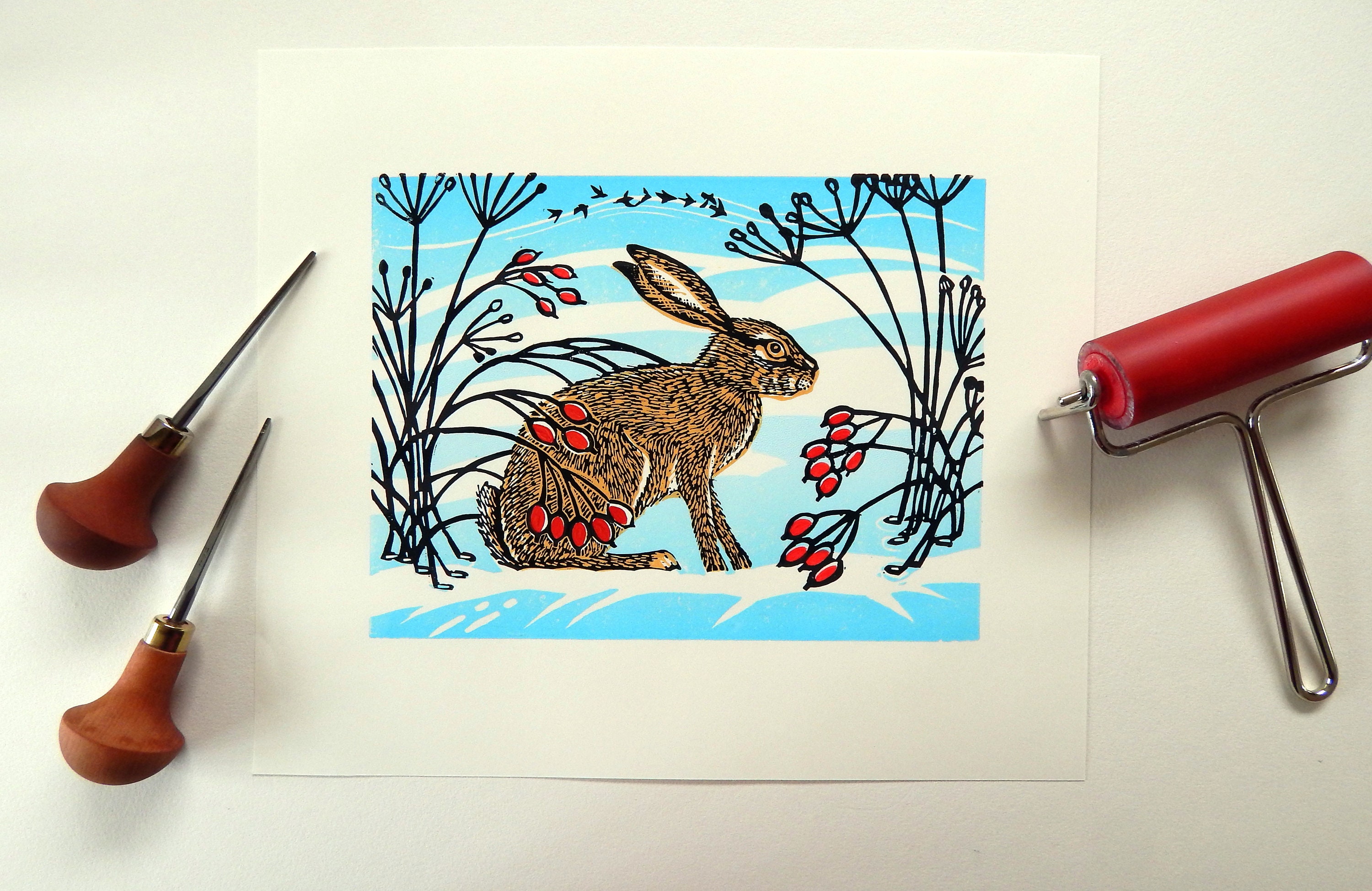 Winter Hare Lino Print - Etsy