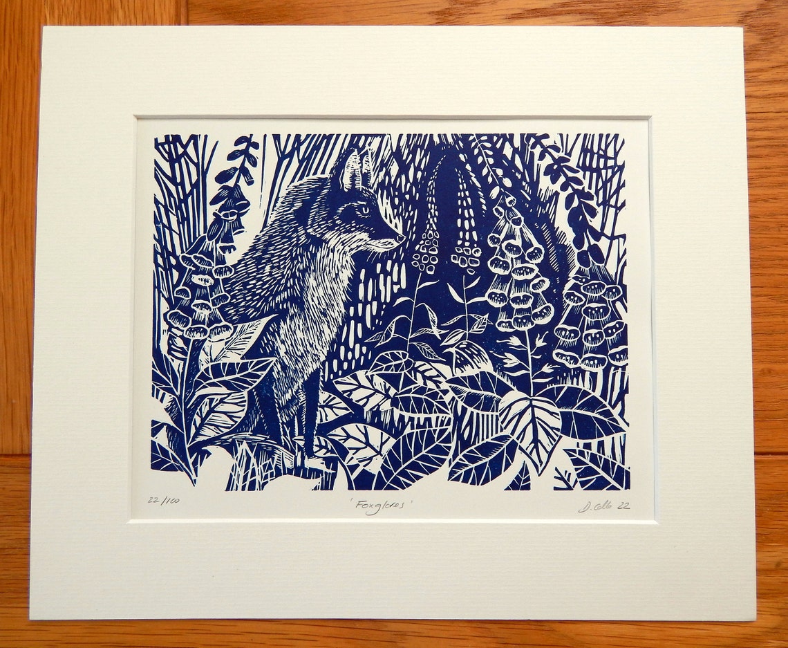 Indigo Foxglove Linocut Print – Handmade Limited Edition - Etsy