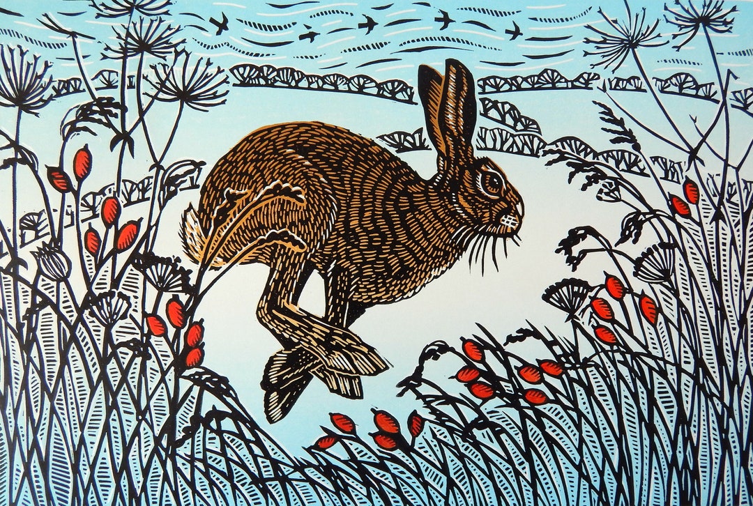 Yuletide Hare- Limited Edition Lino Print of a Hare Running Through a ...