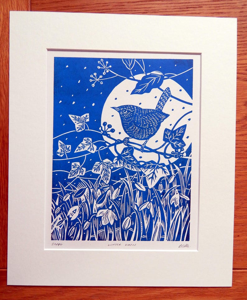 Winter Wren - Blue Version -limited Edition Lino Print of a Wren - Etsy