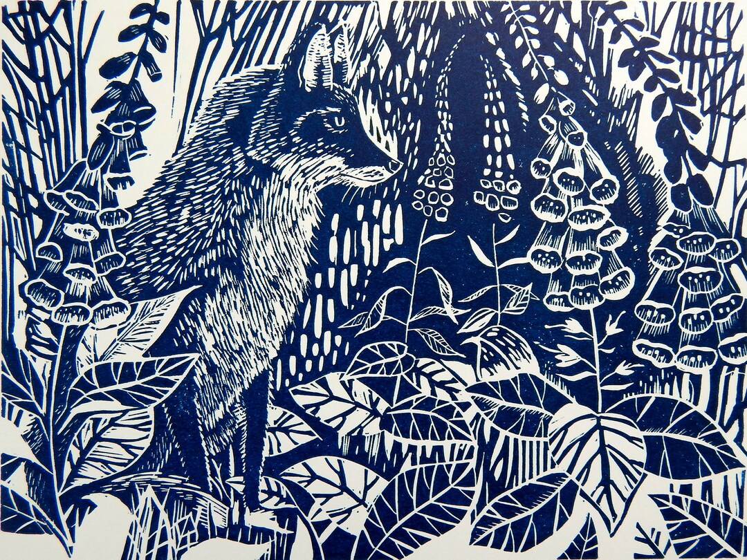 Indigo Foxglove Linocut Print – Handmade Limited Edition - Etsy
