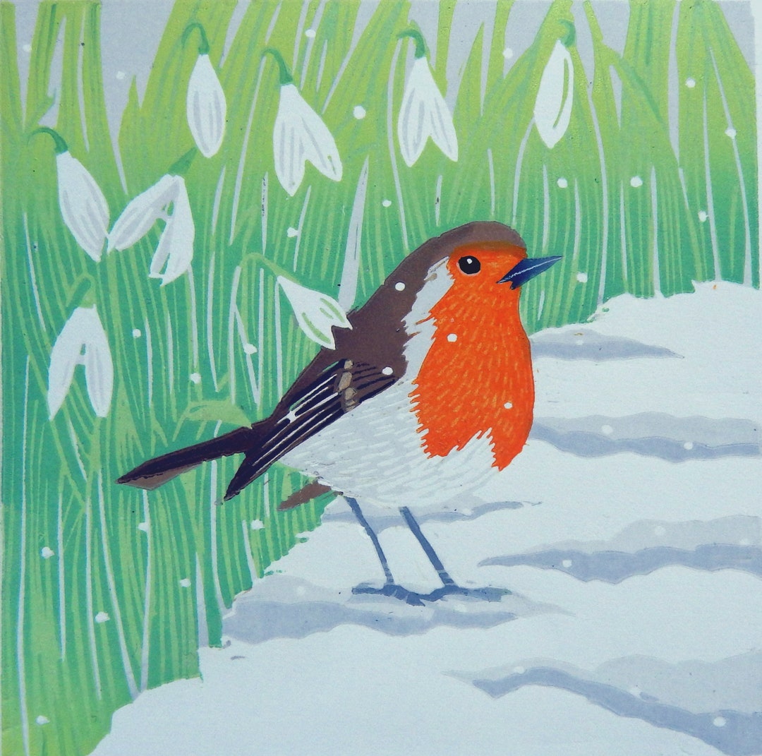 Robin and Snowdrops - Limited Edition Lino Print - Etsy