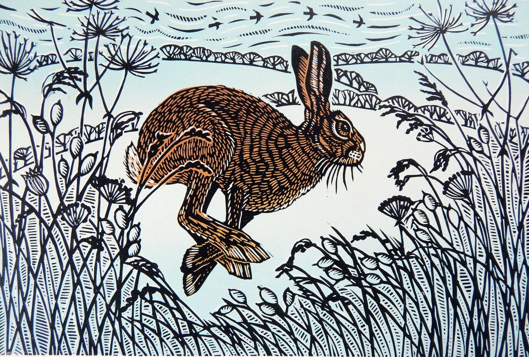 Yuletide Hare Limited Edition Lino Print of a Hare Running Through a ...