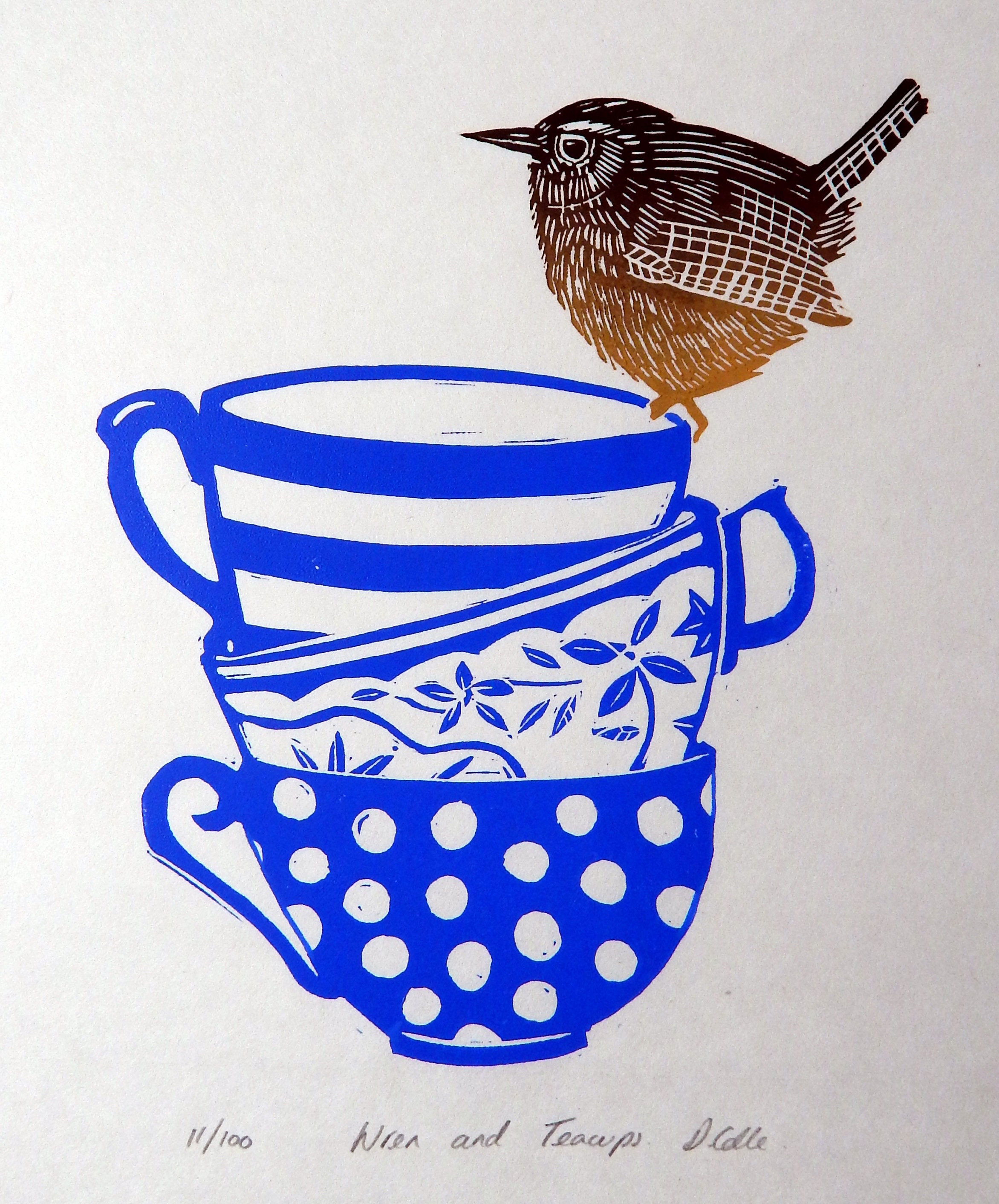 Wren and Teacups Linocut Original Hand Carved Handmade | Etsy