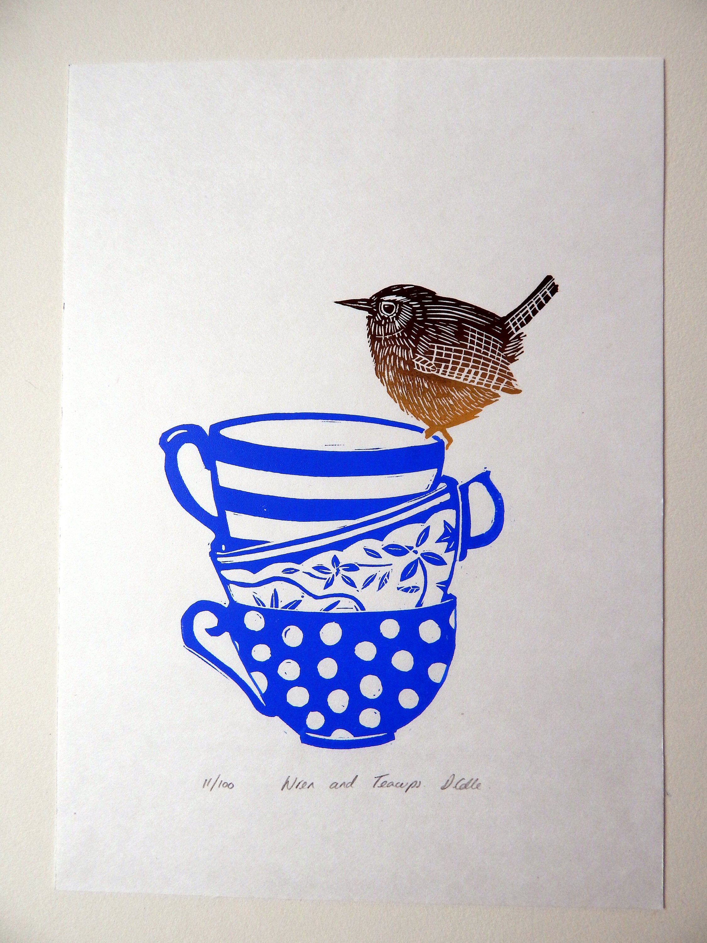 Wren and Teacups Linocut Original Hand Carved Handmade | Etsy