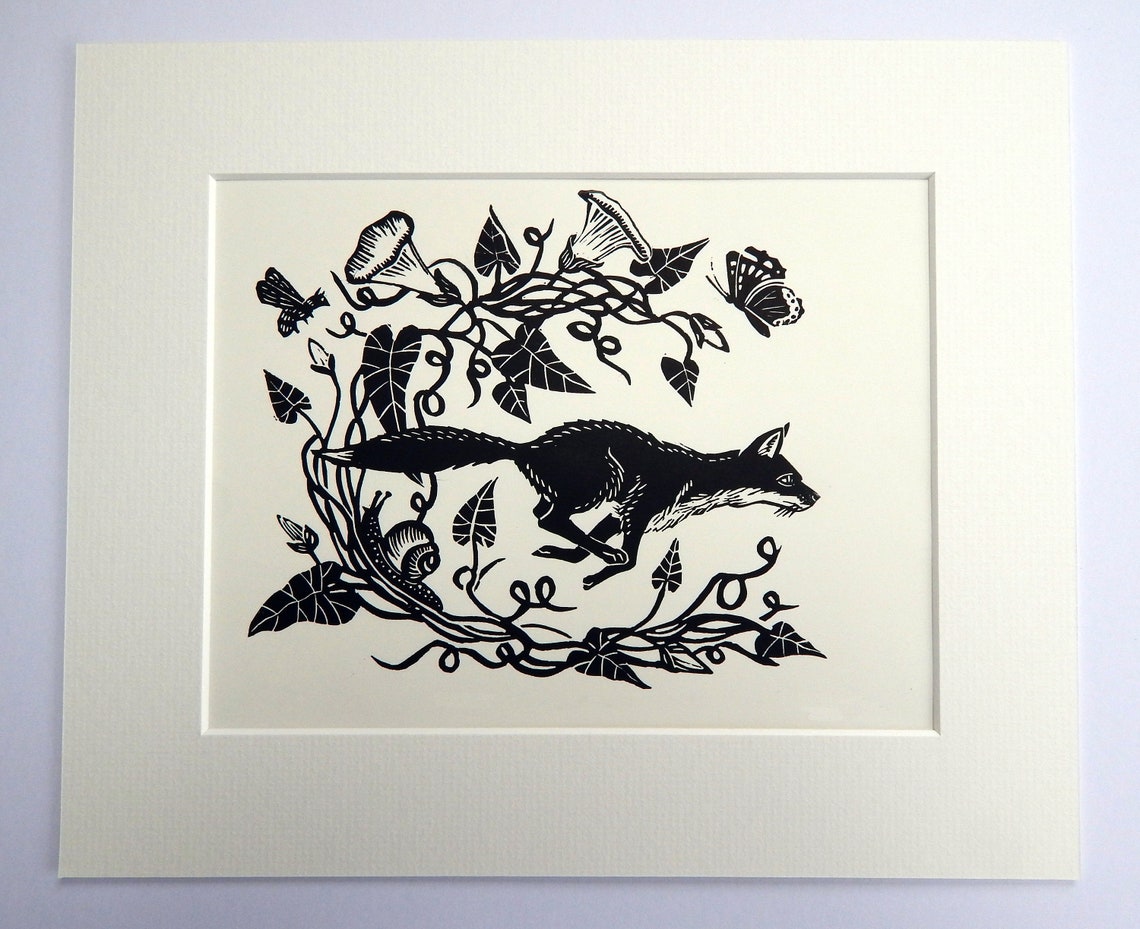 Fox and Flowers Lino Print Hand Carved and Printed Lino Print - Etsy