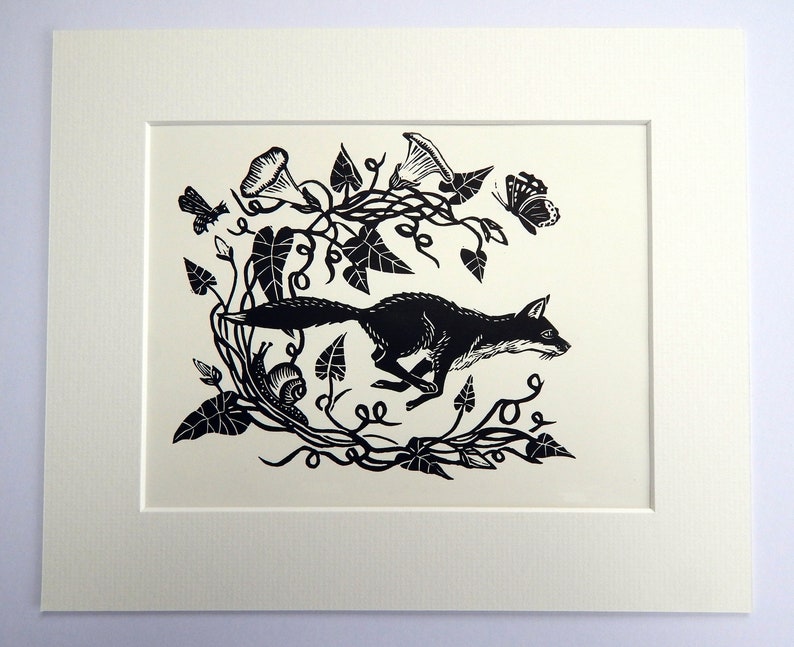 Fox and Flowers Lino Print Hand Carved and Printed Lino Print - Etsy