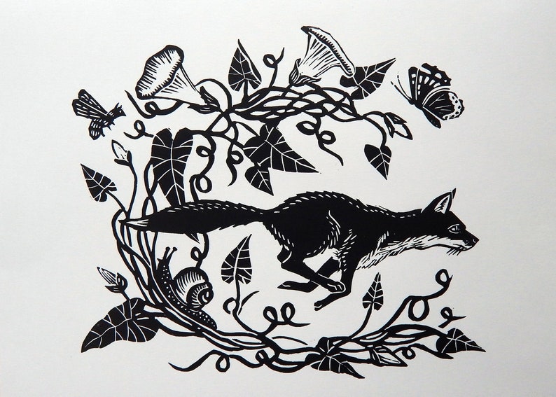 Fox and Flowers Lino Print Hand Carved and Printed Lino Print - Etsy