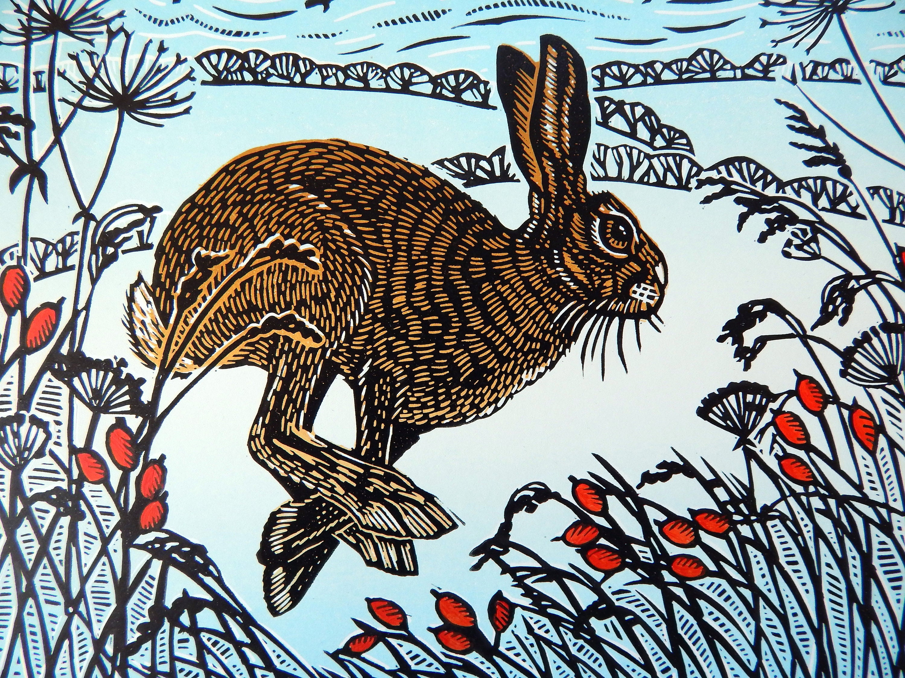 Yuletide Hare- Limited Edition Lino Print of a Hare Running Through a ...