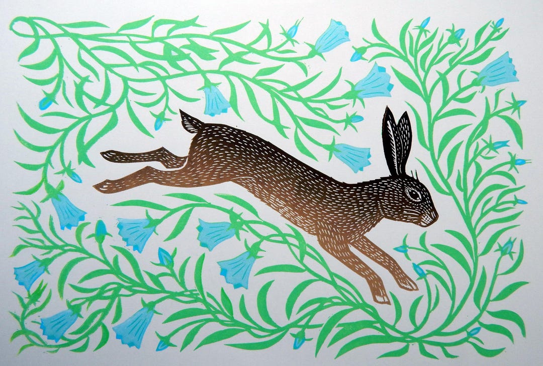 Hare Lino Print – Running Harebells, Limited Edition - Etsy