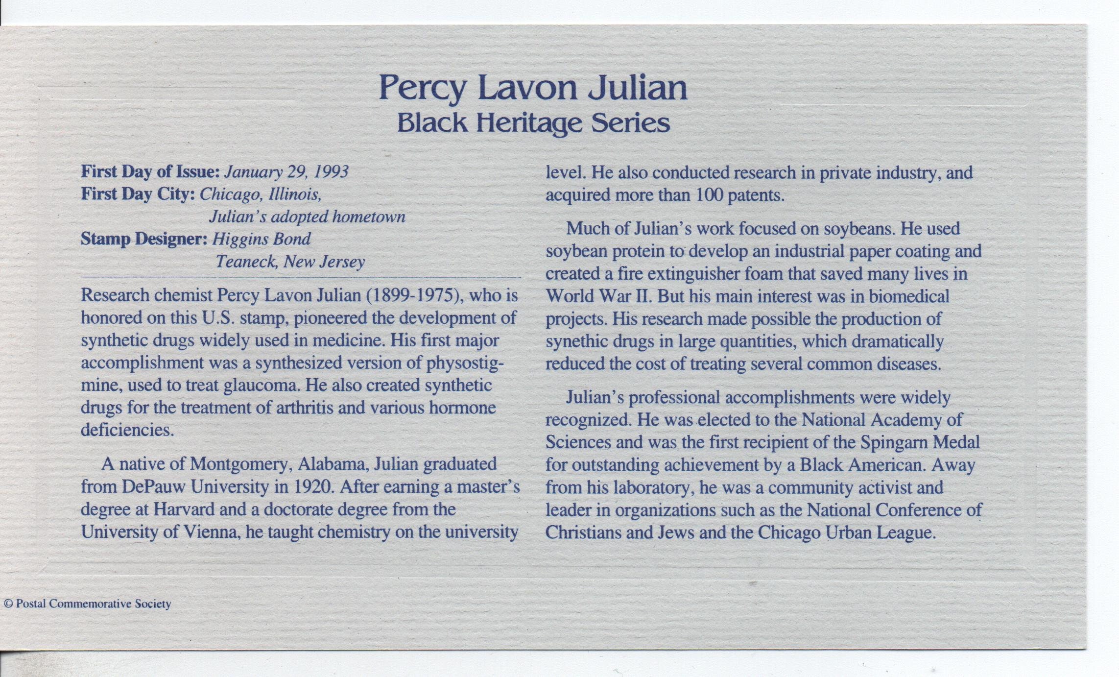 29 Cent Percy Lavon Julian Gold Replica & First Day Issue Cover scotts ...