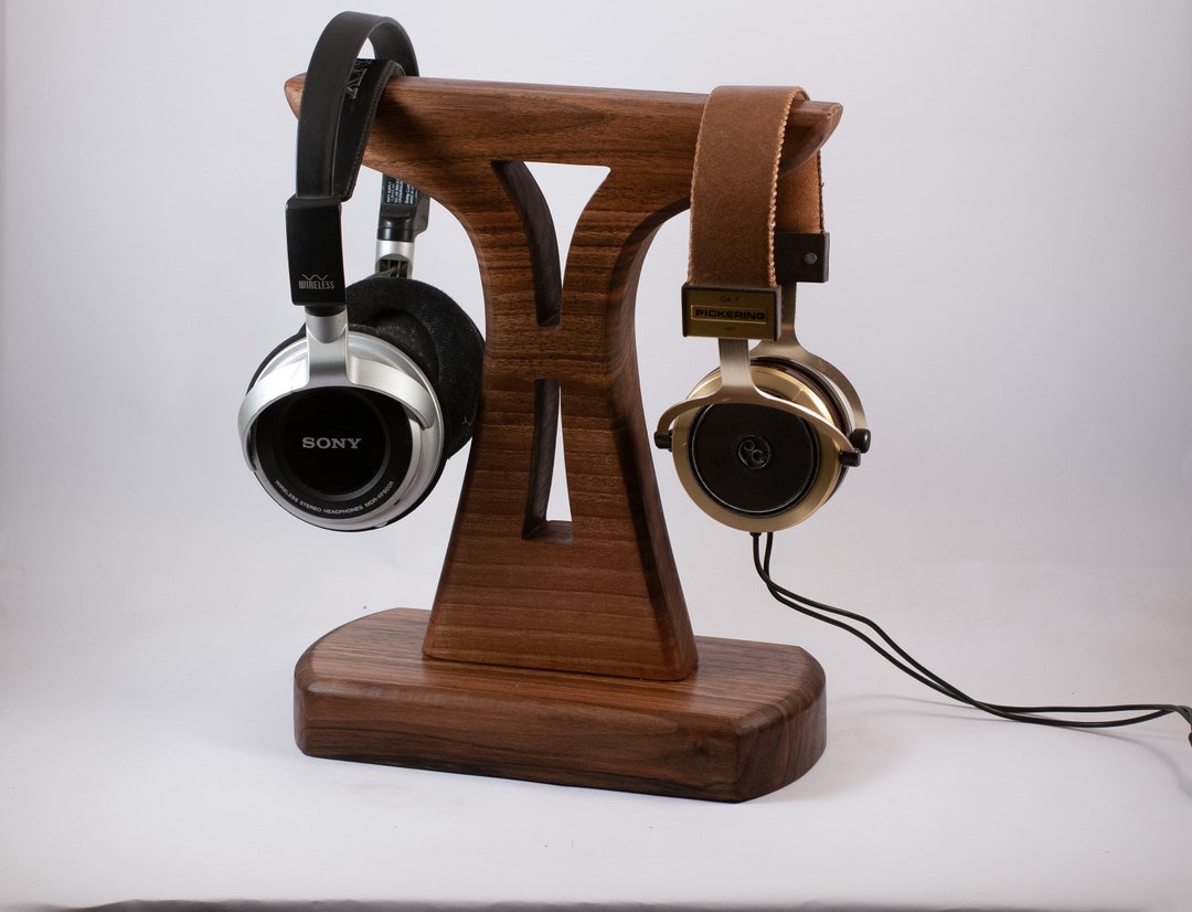 Walnut Wood Double Headphone Stand, Handmade Headset Holder for Desk or ...