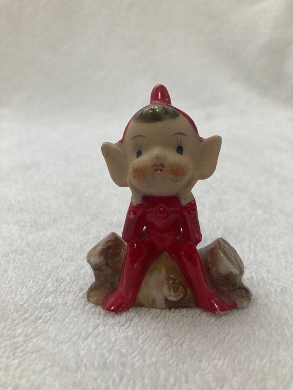 Vintage Pixie Elf Sitting on a Log Resting His Head in His - Etsy
