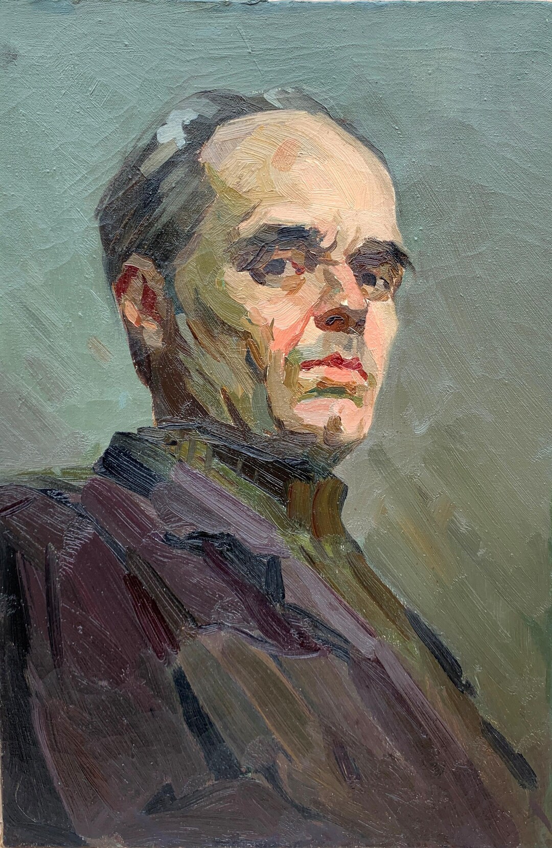 Portrait Soviet Man Worker Antique Oil Painting Original Socialist ...