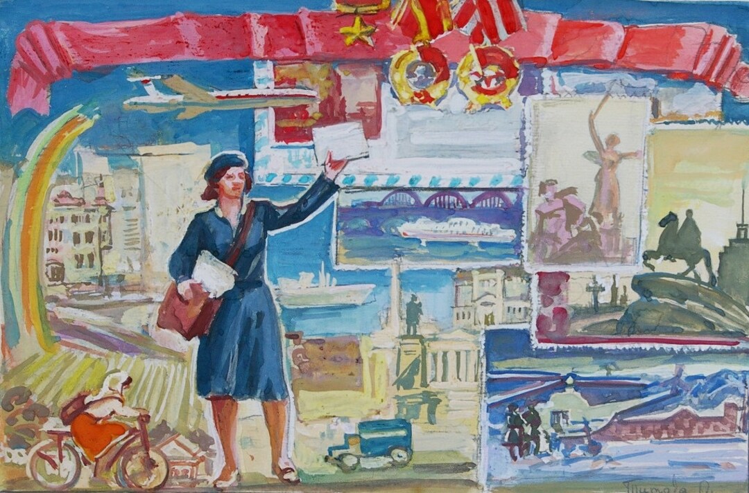 Soviet Postman Collective Farm Antique Oil Painting Original Socialist ...