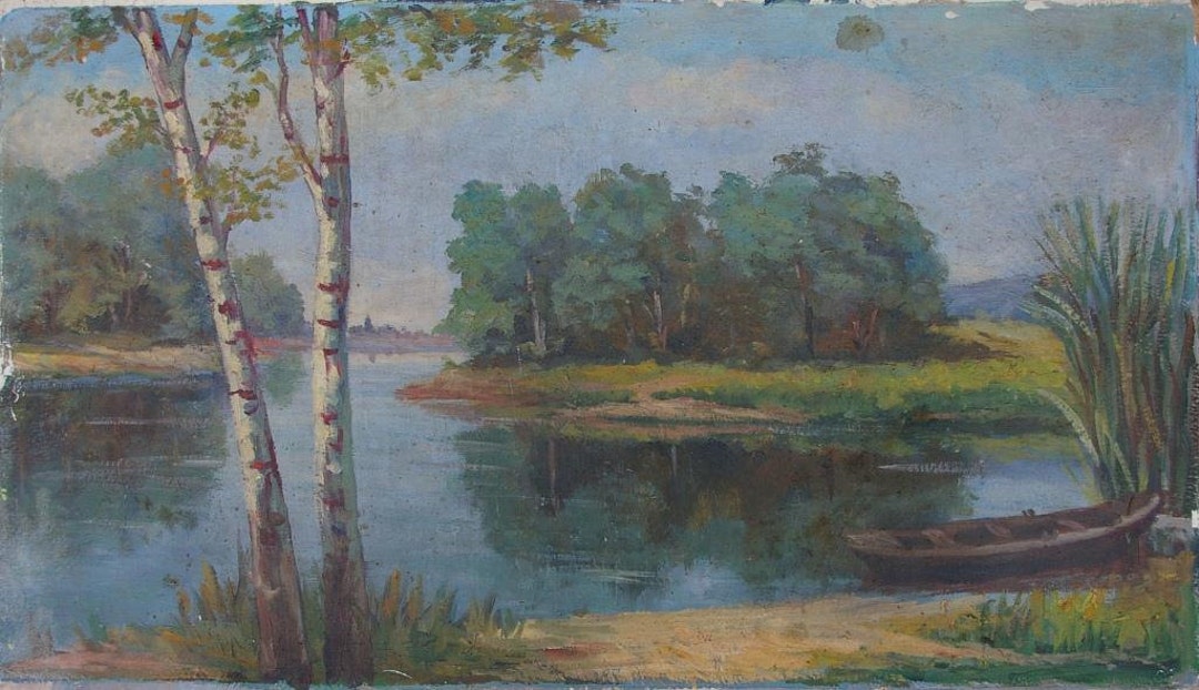 Impressionism River Landscape Painting, Antique Ukrainian Art (oil on ...