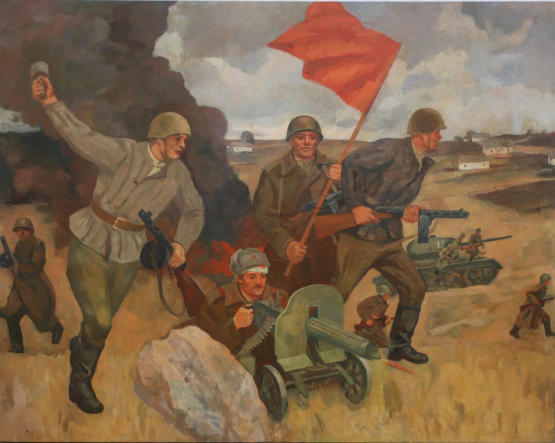 Great Patriotic War Soviet Army Antique Oil Painting Original Socialist ...