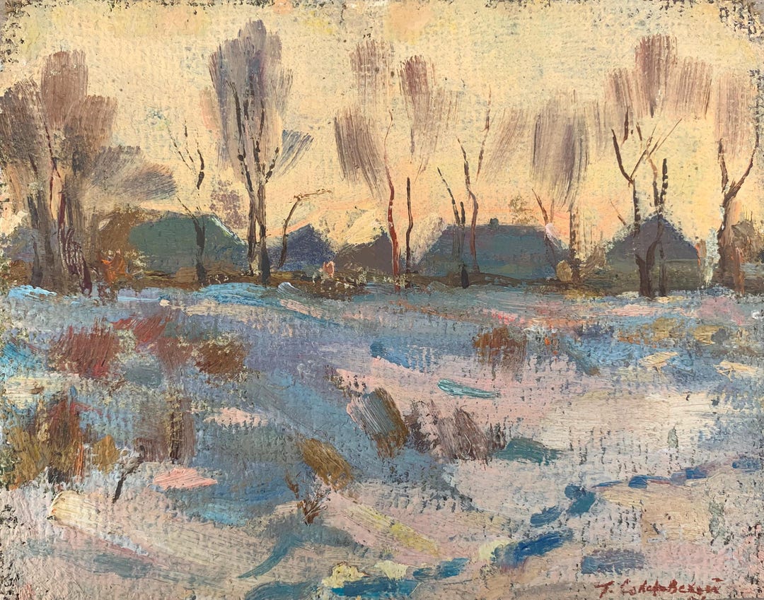 Impressionism Winter Landscape Antique Oil Painting Original Soviet Art ...