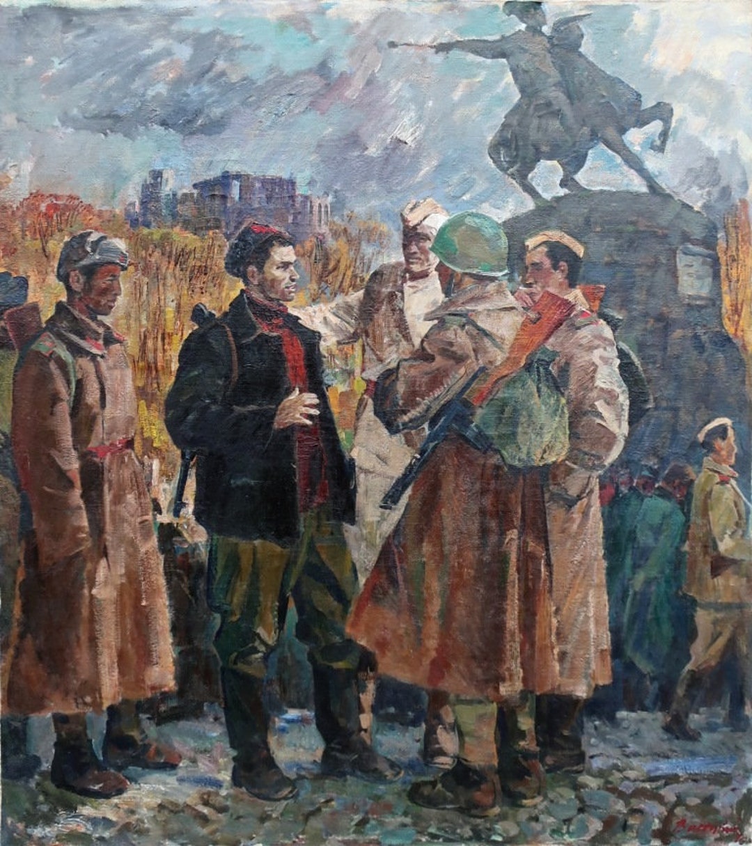 Great Patriotic War Soviet Army Antique Oil Painting Original Socialist ...