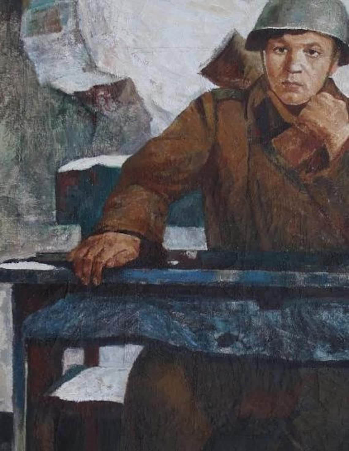 Portrait Soldier Armed Forces Antique Oil Painting Original Socialist ...