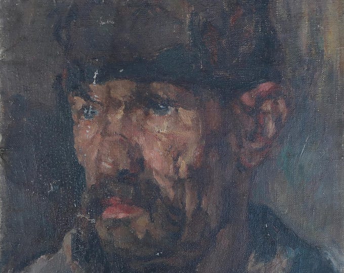 Portrait Soviet Man Worker Male Portrait Antique Oil Painting Original ...