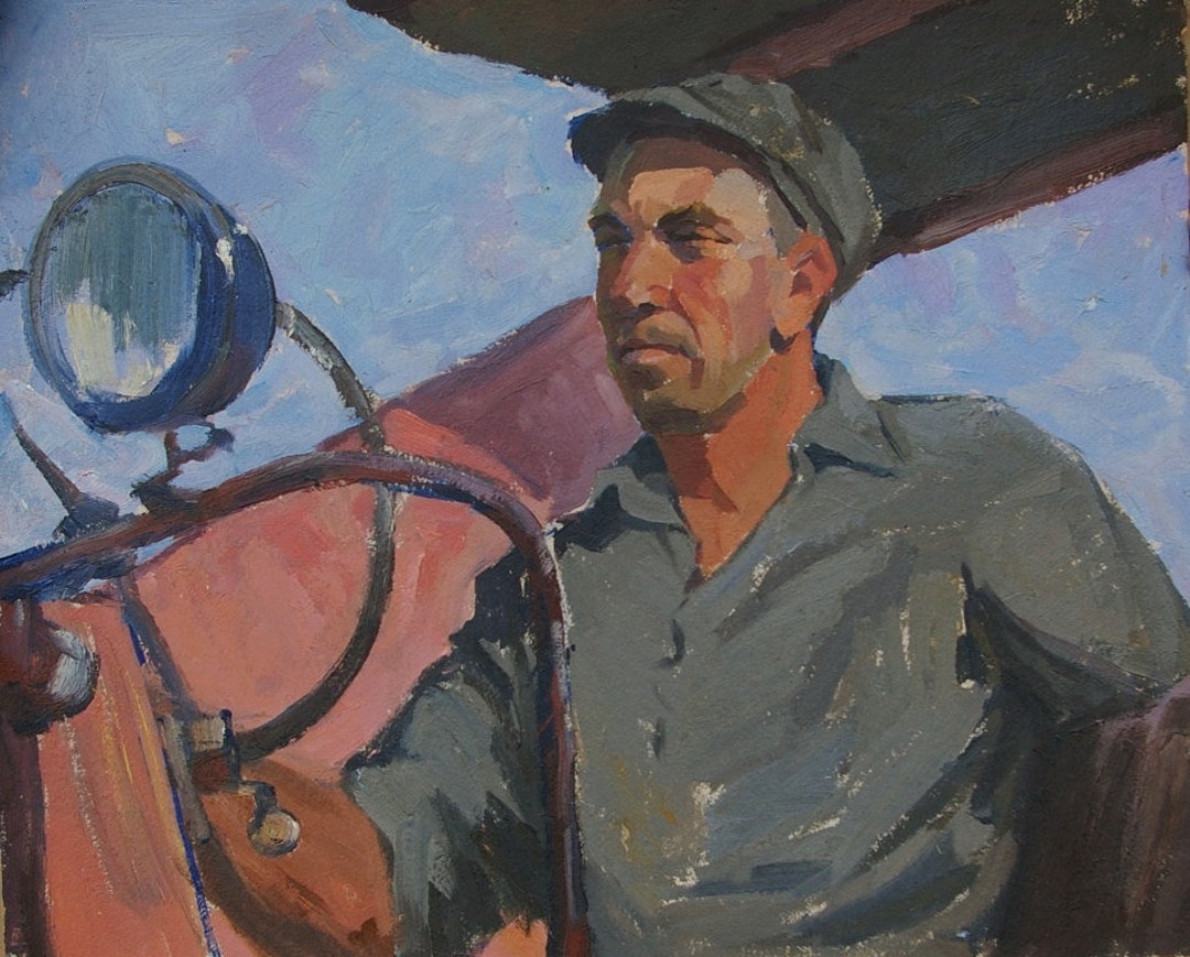 Portrait Soviet Man Worker Antique Oil Painting Original Socialist ...