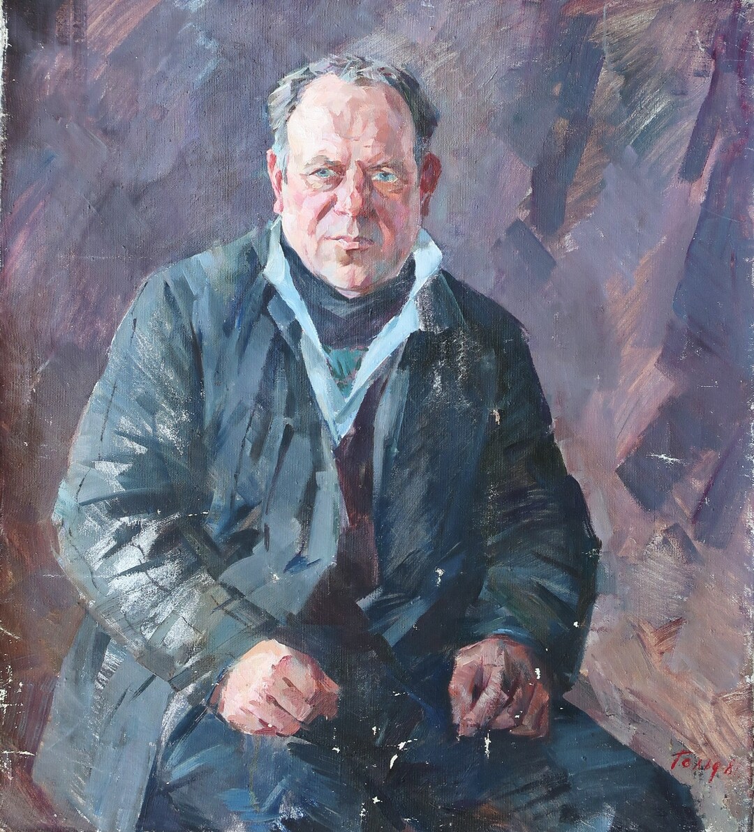 Portrait Soviet Man Worker Antique Oil Painting Original Socialist ...