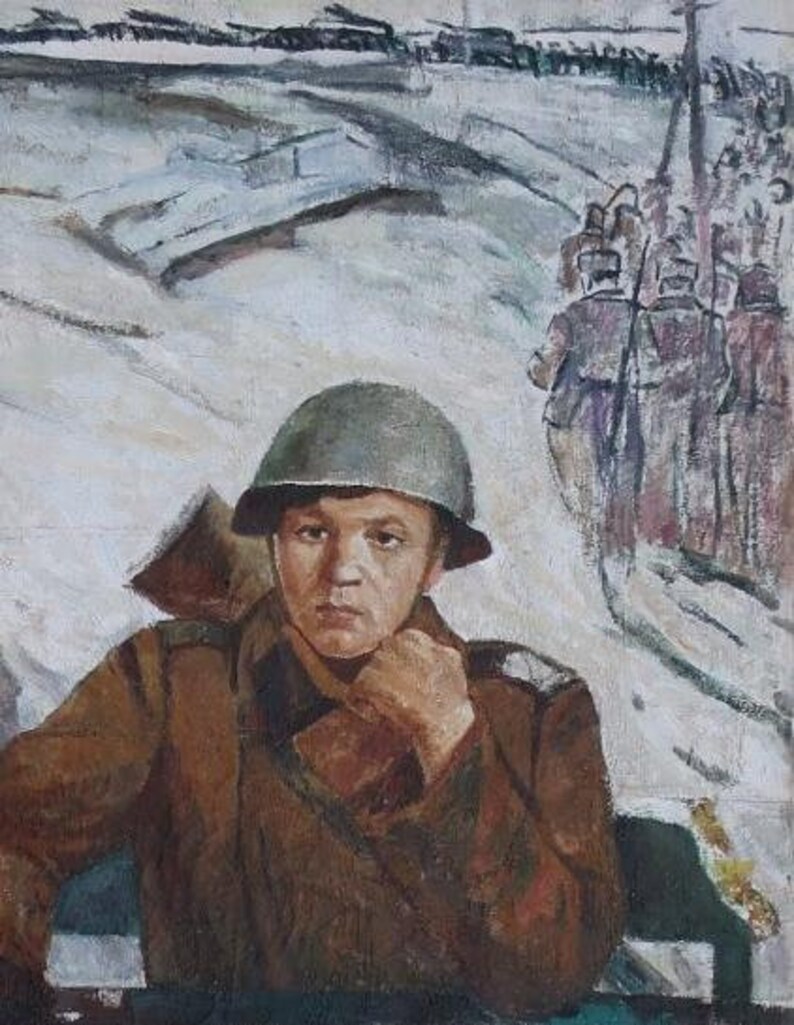 Portrait Soldier Armed Forces Antique Oil Painting Original Socialist ...