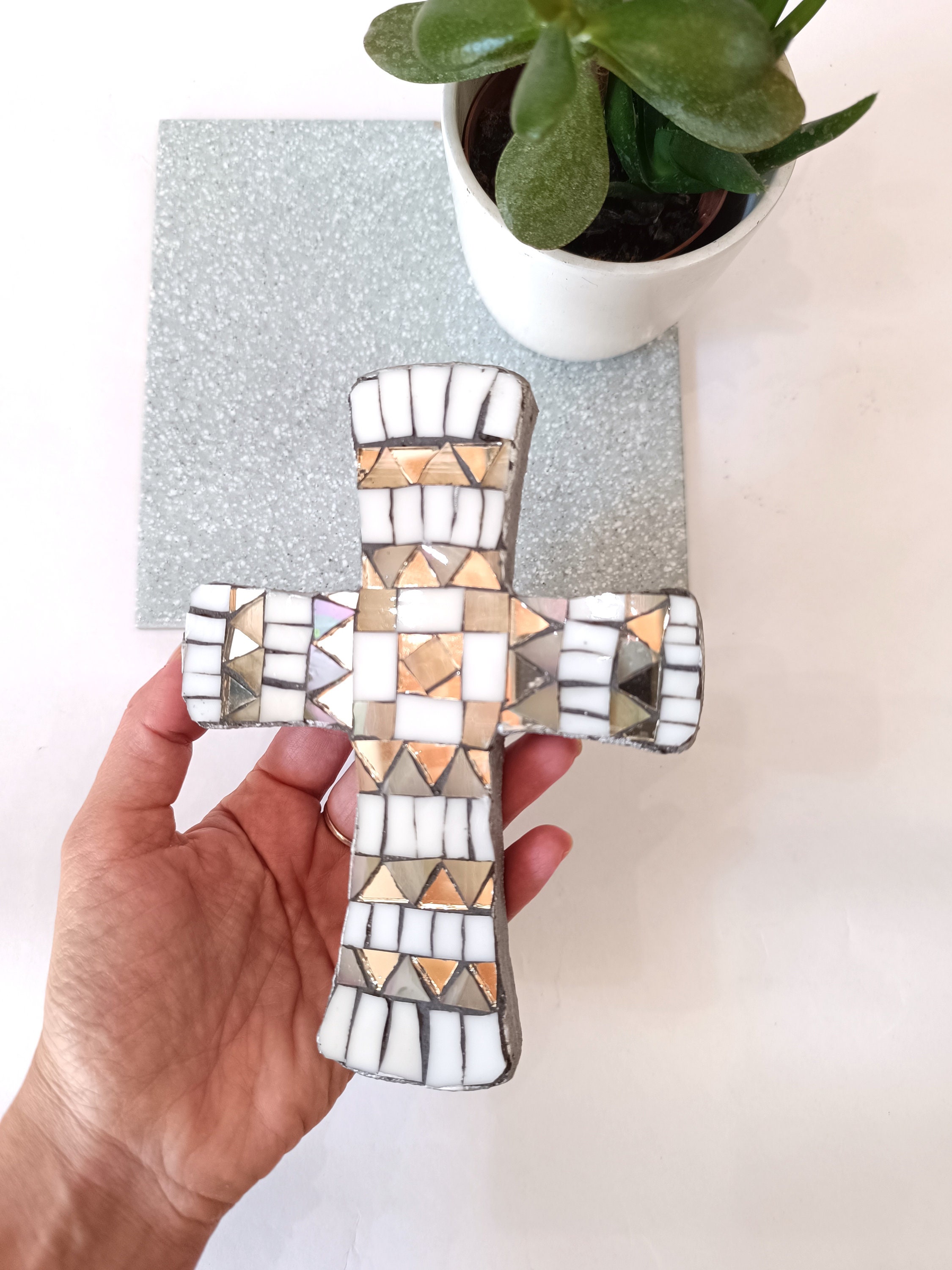 Cross in White, Silver and Pearl Mosaic, Handmade in Italy. Mosaic ...
