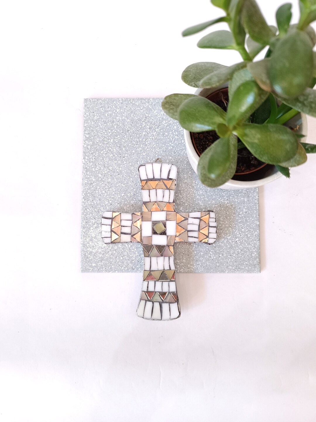 Cross in White, Silver and Pearl Mosaic, Handmade in Italy. Mosaic ...