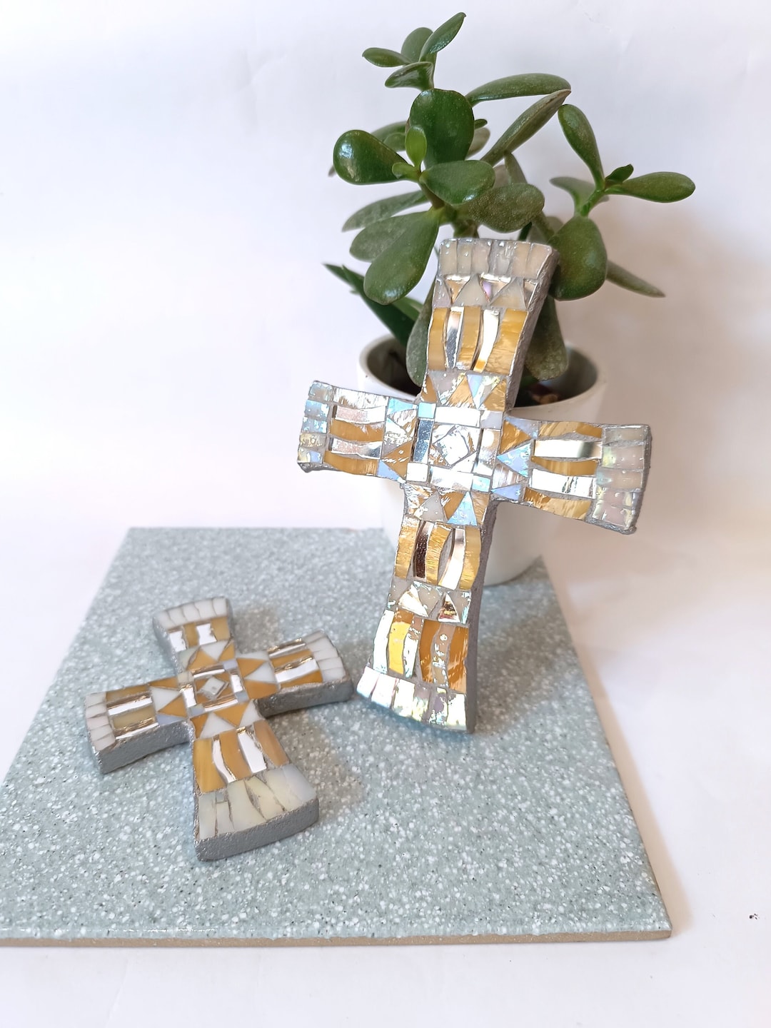Pearl White, Silver and Beige Mosaic Cross Handmade in Italy. Mosaic ...