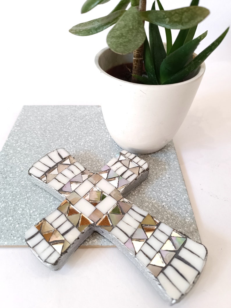 Cross in White, Silver and Pearl Mosaic, Handmade in Italy. Mosaic ...